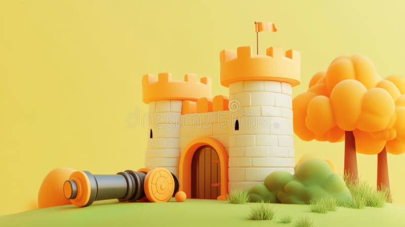A Low-poly Ancient Fortress Rendered in 3D on a Yellow Background ...