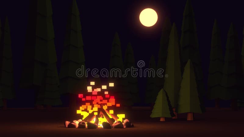 Low Poly Animation of Campfire in the Forest. Fire is Burning Near the ...