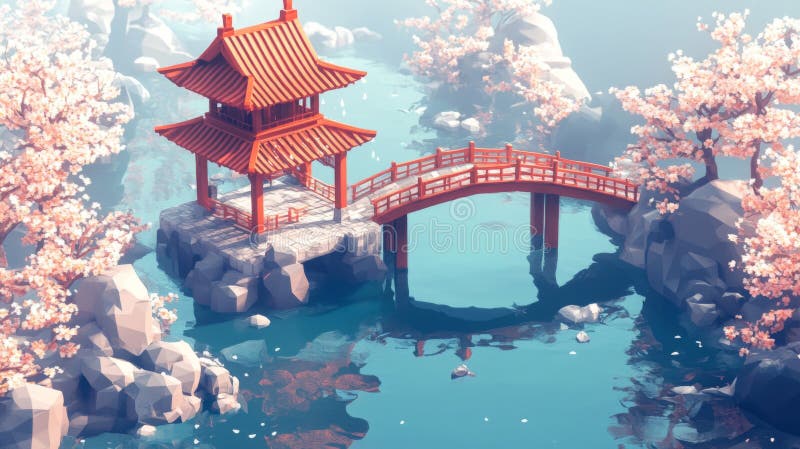 Low Poly Asian Temple and Bridge Landscape Stock Illustration ...