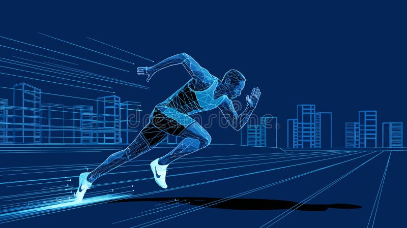 Low-poly Athlete Sprinting on Virtual Track, Emitting Data Streams ...