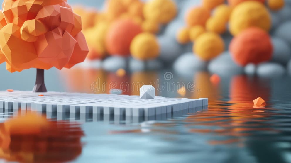 Low Poly Autumn Scene: Orange Tree on Grey Island in Still Water Stock ...