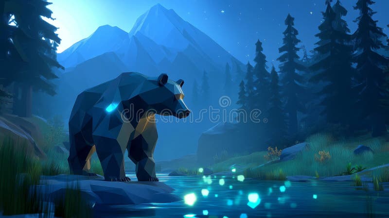 Low-poly Bear by a River at Night in a Forest Stock Illustration ...
