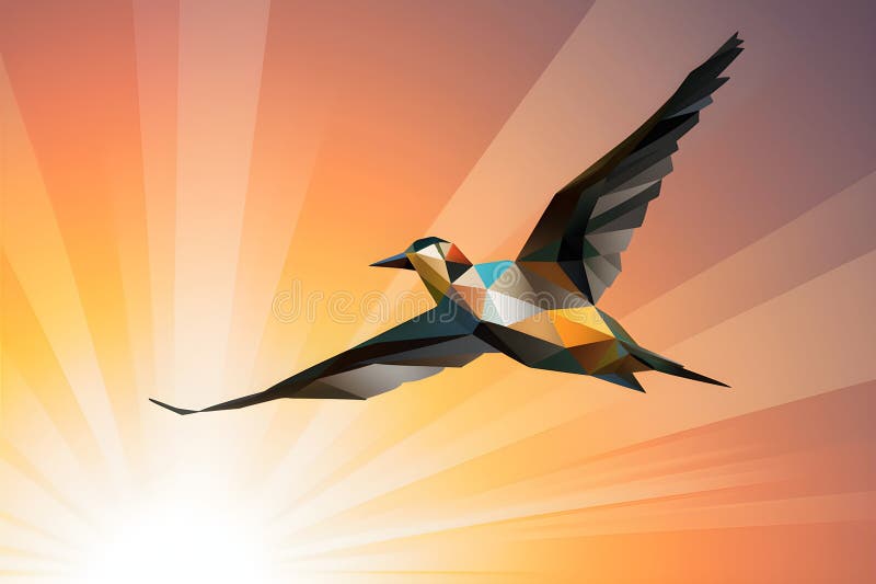 Low Poly Bird in Flight, Warm Sunset, Colors Contrast Sky, Adding Depth ...