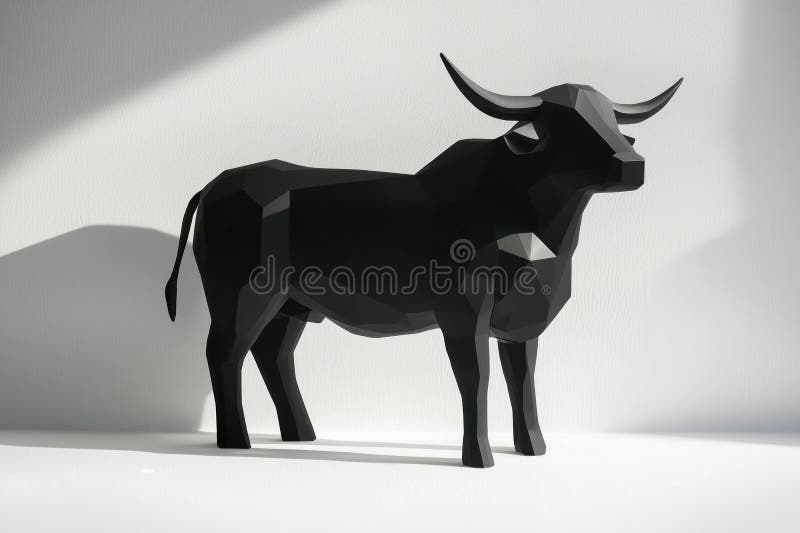 A Low-poly Black Bull Figure with Prominent Horns Stands Against a ...