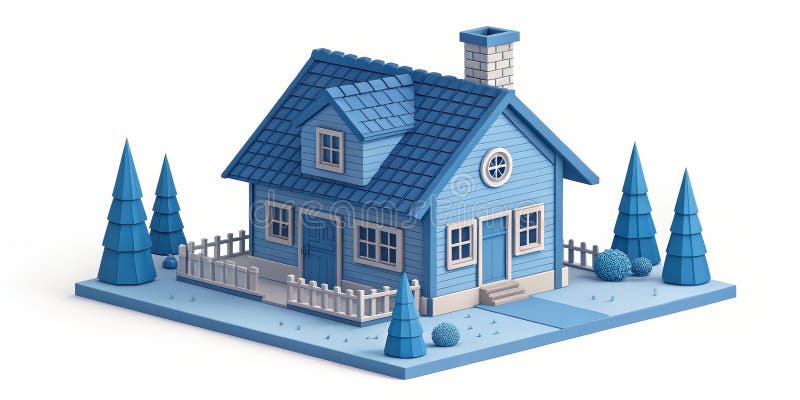 Low-Poly Blue House 3D Render, Isolated on White Background, House Model, 3D Illustration Stock ...
