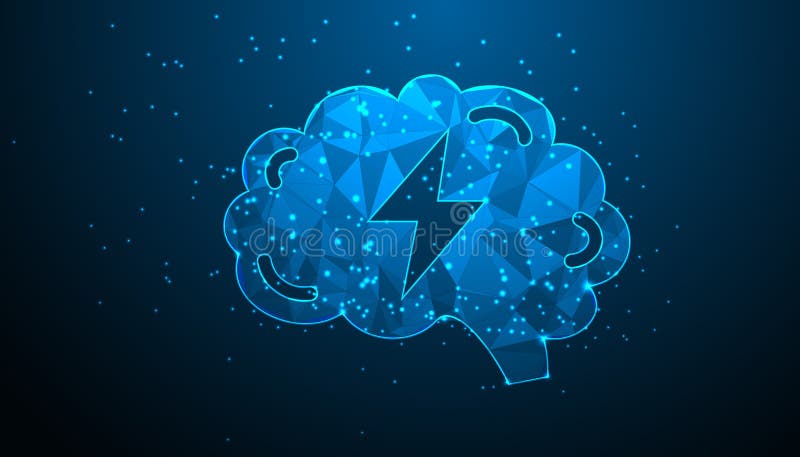 Low Poly Brain with Lightning Bolt, Futuristic AI Intelligence, Digital ...