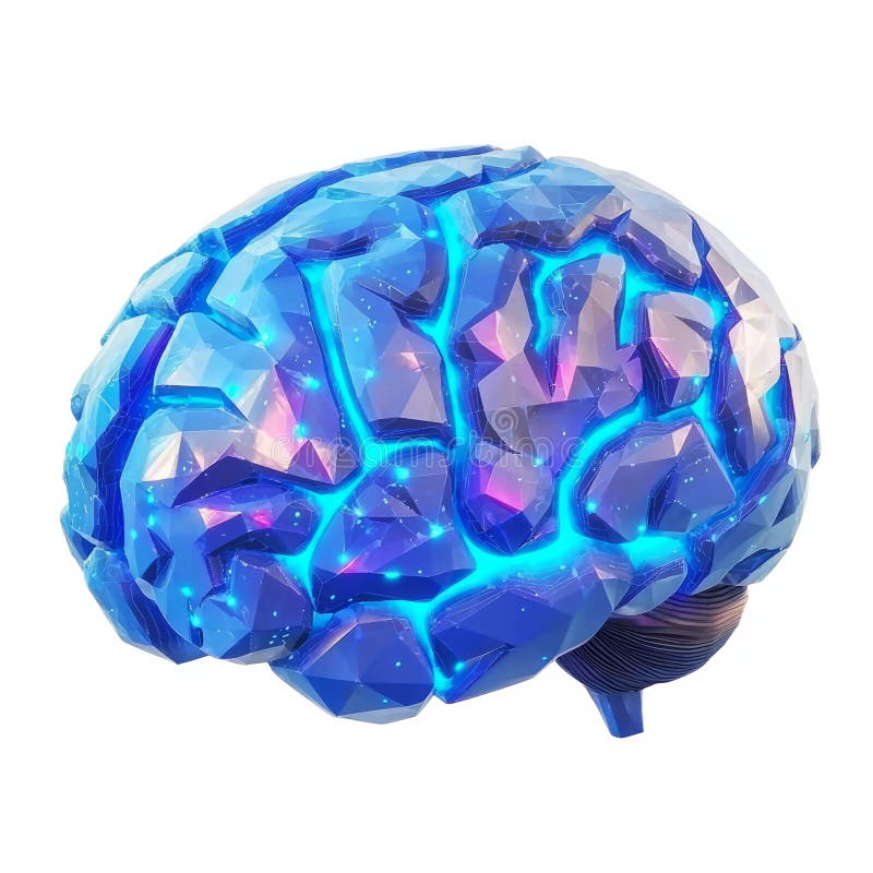 A Low-poly Brain with Neural Pathways Represented by Glowing Blue ...