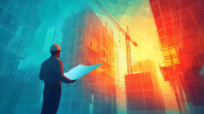 Architect Holding Blueprints at Futuristic Construction Site Stock ...