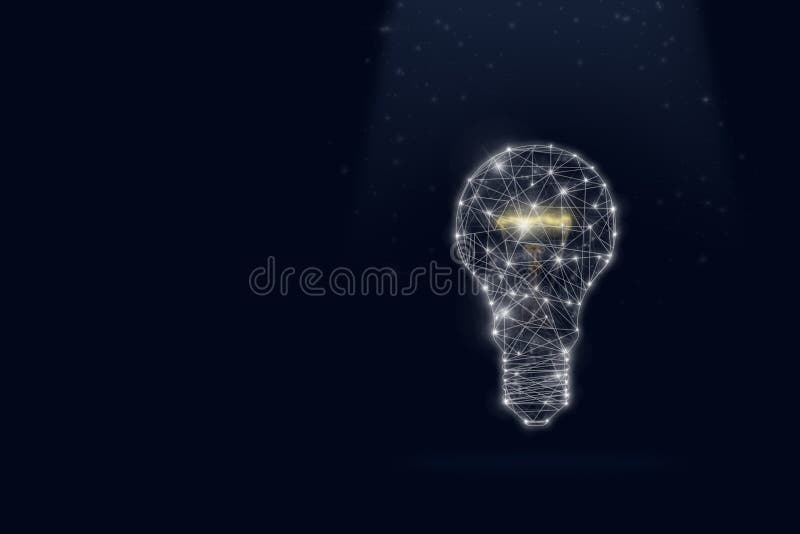 Low Poly Bulb Light Hologram on Dark Blue Background Stock Illustration ...