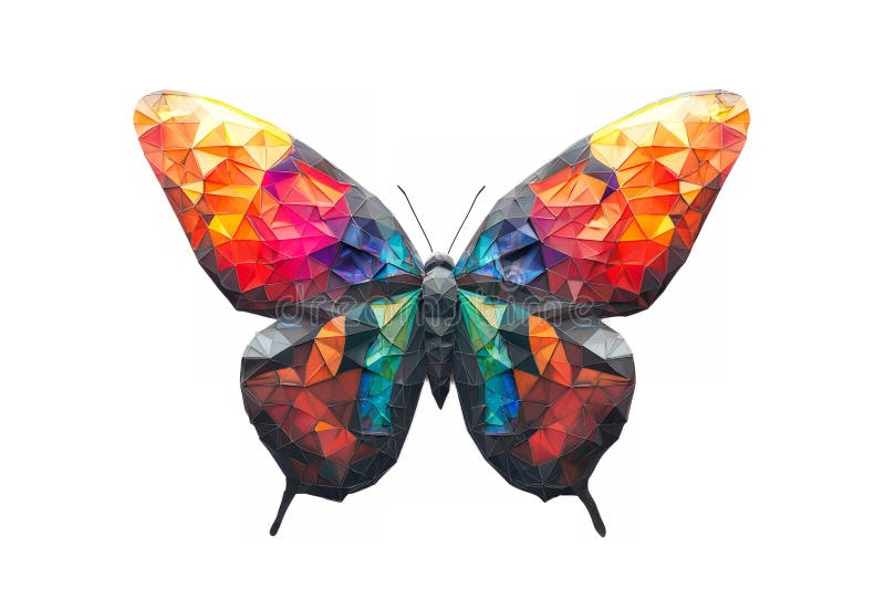 Low Poly Butterfly with Glowing Rainbow Colored Geometric Patterns on a Plain White Backdrop ...