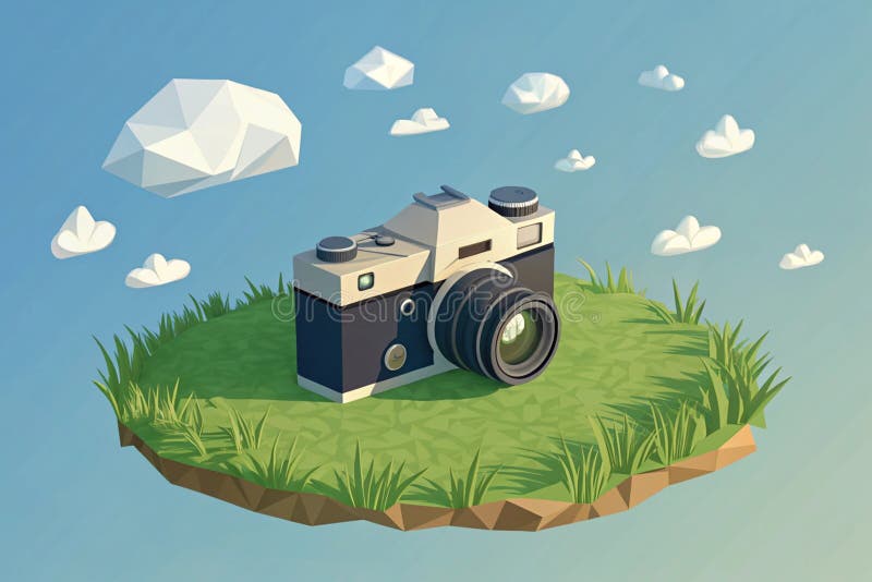 Low Poly Camera on Grass, Under Sky - Generated by Ai Stock ...