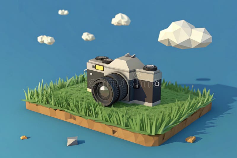 Low Poly Camera on Grass, Under Sky - Generated by Ai Stock ...