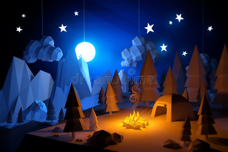 Low Poly Camping Adventure stock illustration. Illustration of midnight ...