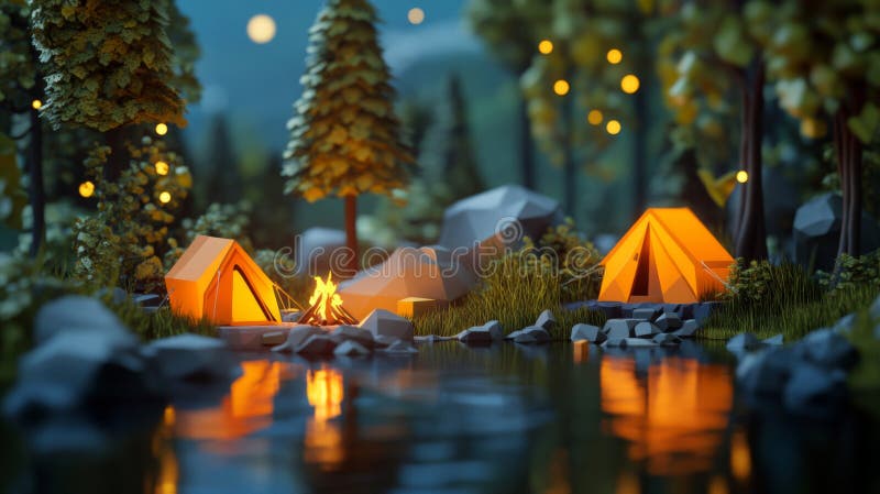 Low Poly Camping Scene at Night by a Lake Stock Illustration ...