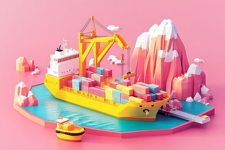 Low Poly Cargo Ship Container Crane Loading Dock 3D Render Illustration ...