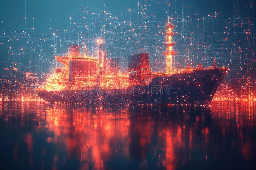 Low Poly Cargo Ship Illustration with Digital Network Connections Stock ...