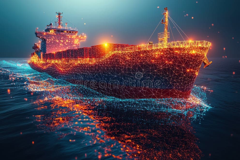 Low Poly Cargo Ship Illustration with Digital Network Connections Stock ...