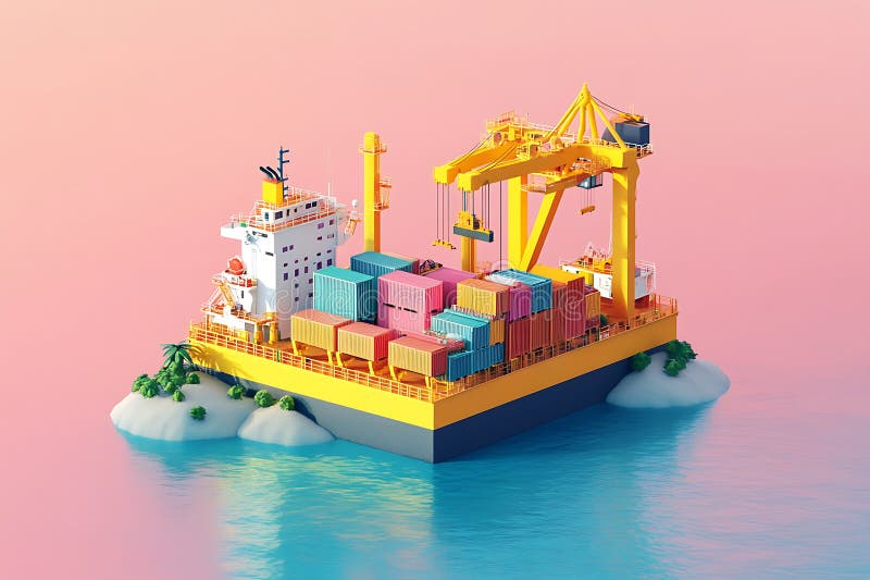 Low Poly Cargo Ship at Tropical Port 3D Render of Container Vessel and ...