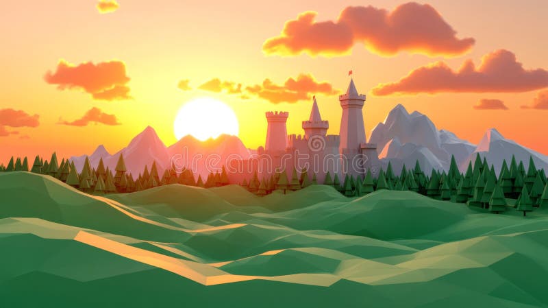 Low Poly Castle Sunset Landscape Stock Illustration - Illustration of ...