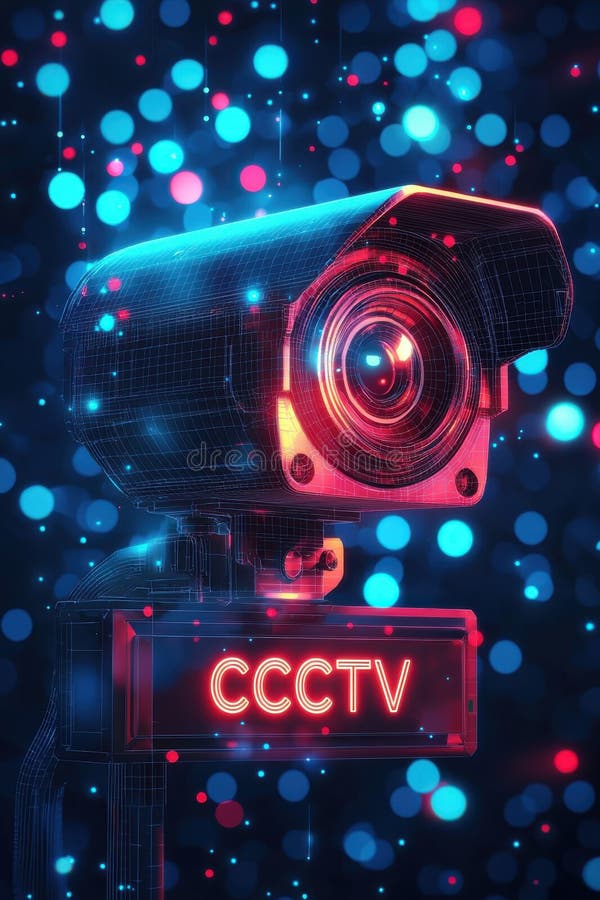 Low-poly CCTV Camera with Glowing Wireframe and Digital Bokeh Effect ...