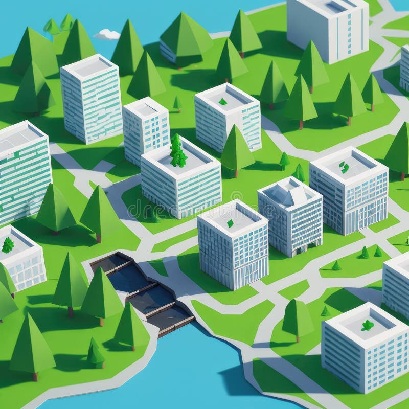 Low-poly City with Building and Trees. Stock Illustration ...