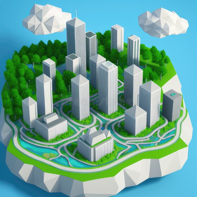 Low-poly City with Building and Trees. Stock Illustration ...