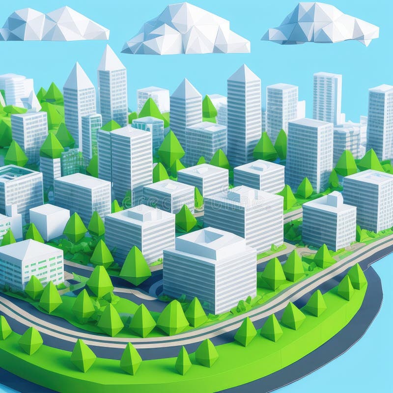 Low-poly City with Building and Trees. Stock Illustration ...