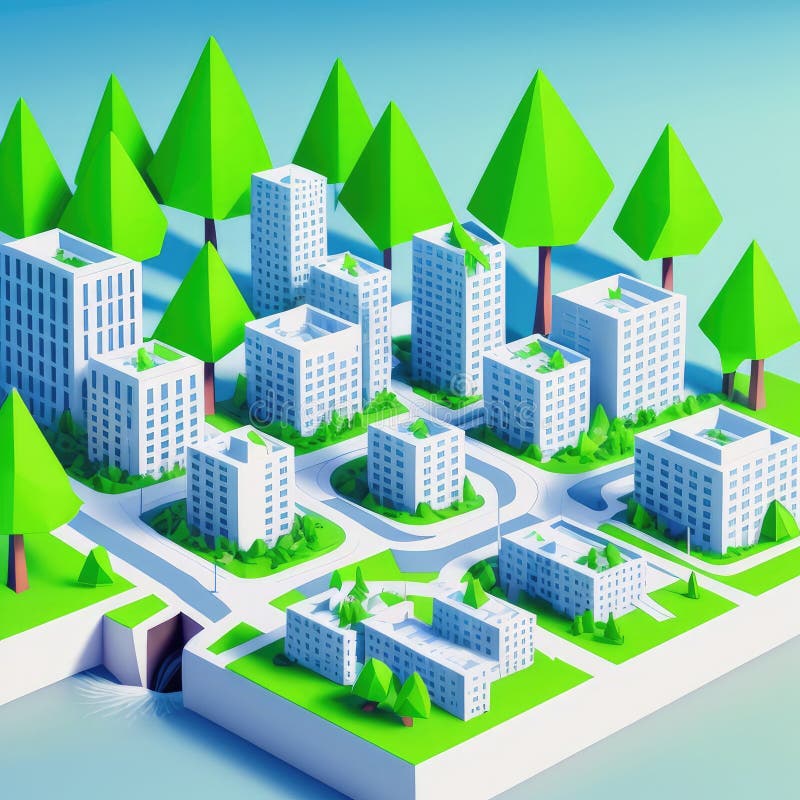 Low-poly City with Building and Trees. Stock Illustration ...