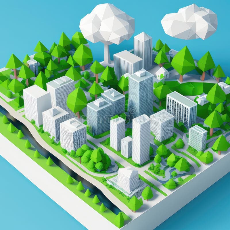 Low-poly City with Building and Trees. Stock Illustration ...