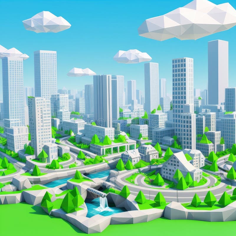 Low-poly City with Building and Trees. Stock Illustration ...