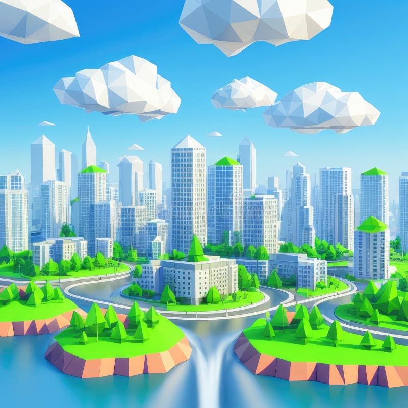 Low-poly City with Building and Trees. Stock Illustration ...