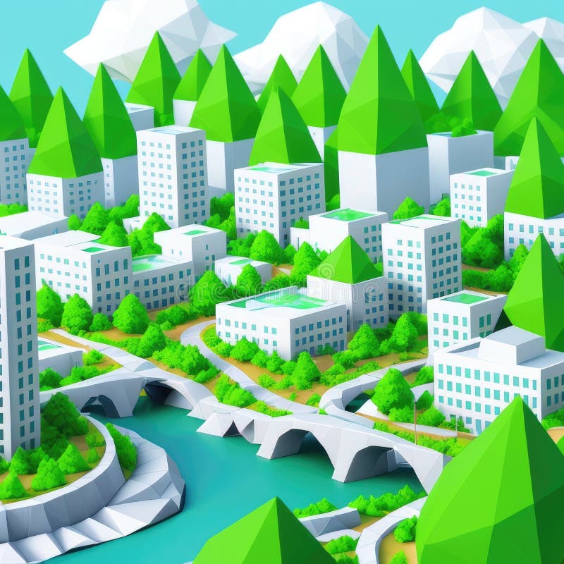 Low-poly City with Building and Trees. Stock Illustration ...