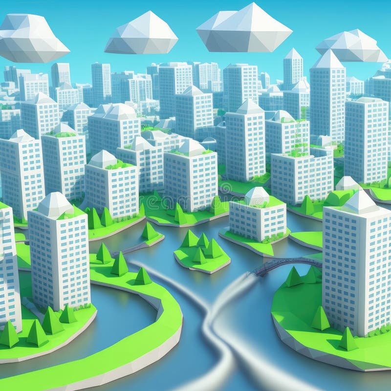 Low-poly City with Building and Trees. Stock Photo - Image of exterior ...