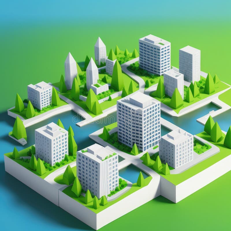 Low-poly City with Building and Trees. Stock Illustration ...