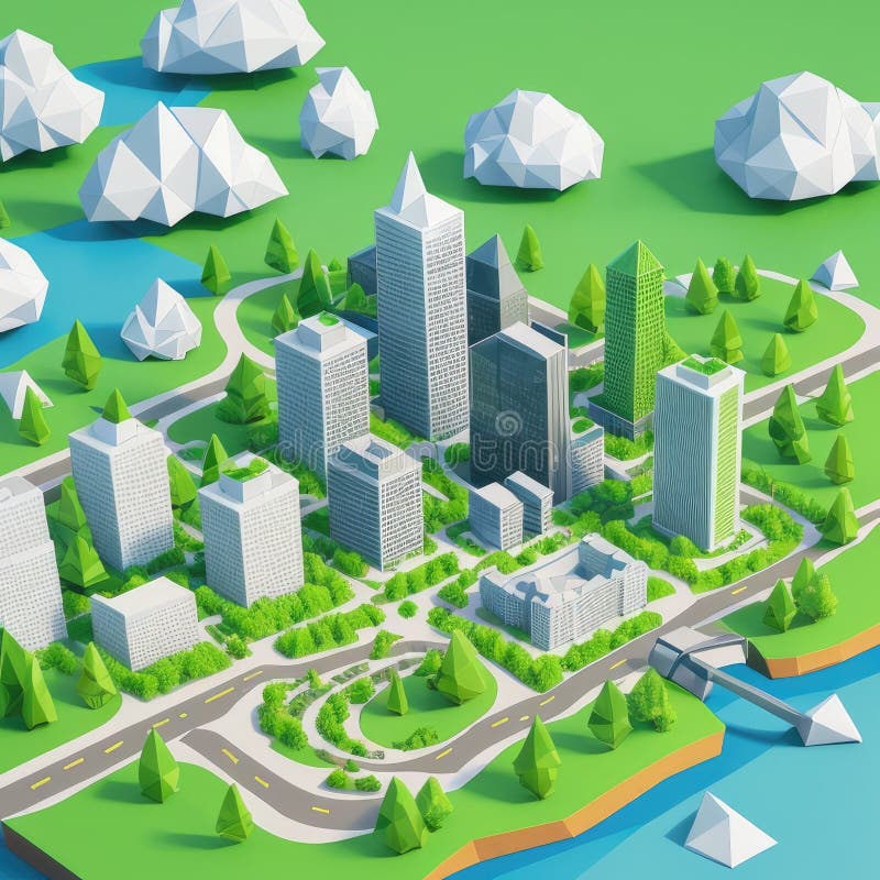 Low-poly City with Building and Trees. Stock Illustration ...