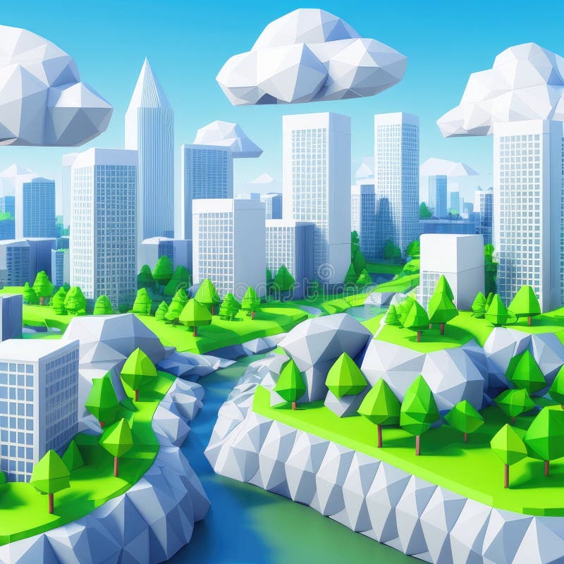 Low-poly City with Building and Trees. Stock Illustration ...