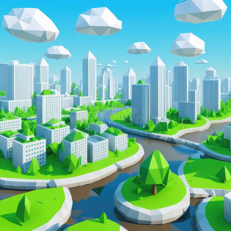 Low-poly City with Building and Trees. Stock Photo - Image of street ...