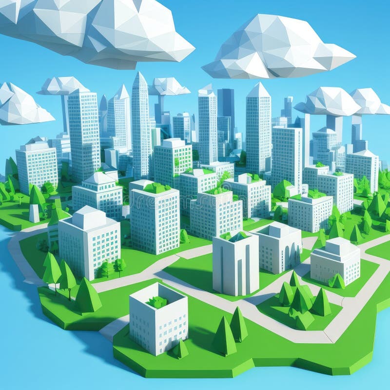 Low-poly City with Building and Trees. Stock Illustration ...
