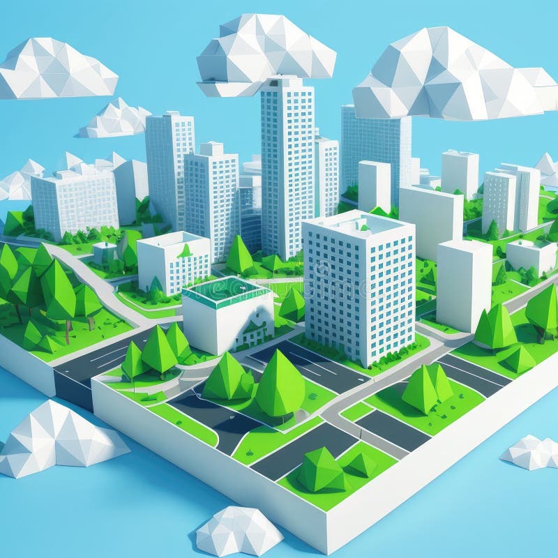 Low-poly City with Building and Trees. Stock Illustration ...