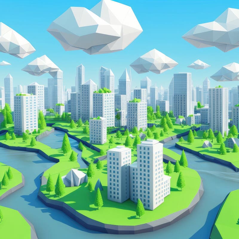 Low-poly City with Building and Trees. Stock Photo - Image of modern ...