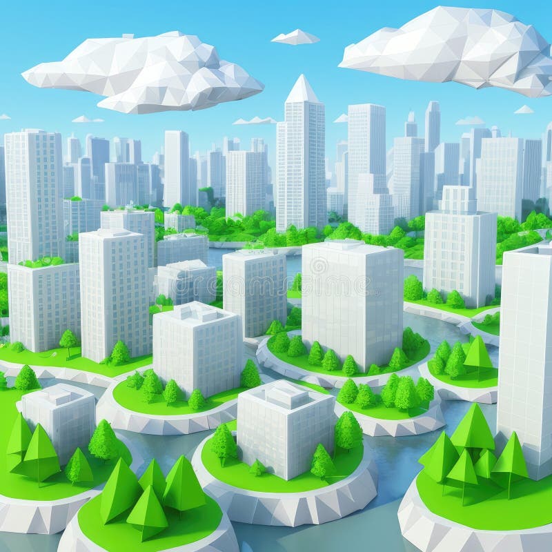 Low-poly City with Building and Trees. Stock Photo - Image of tree ...