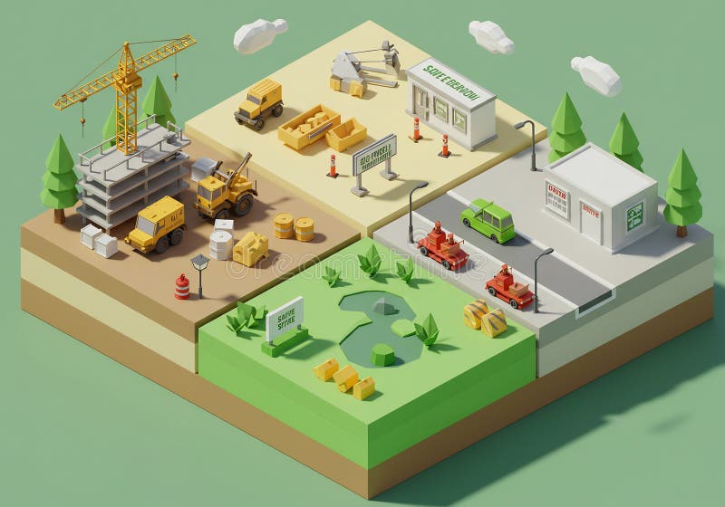 Low Poly City Development Phases Illustration with Construction and ...