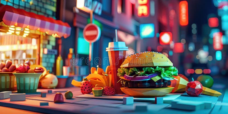 Low Poly Cityscape Nighttime Food Scene Stock Illustration ...