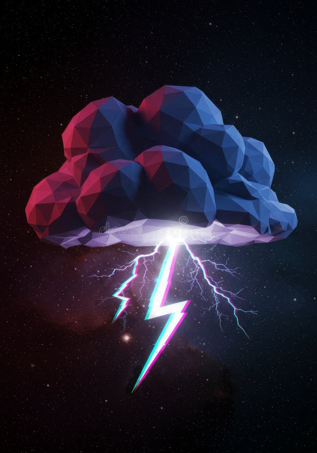 Low Poly Cloud with Neon Lightning in Space Stock Illustration ...