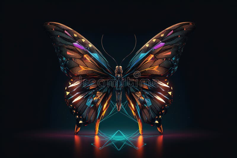 Low Poly 3D Butterfly with Wings, Front Facing, Neon Color Effect AI ...