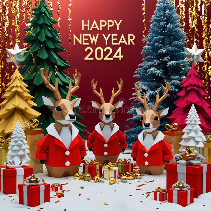Low Poly 3D Image Three Reindeer Wearing Red Jackets and Standing in ...
