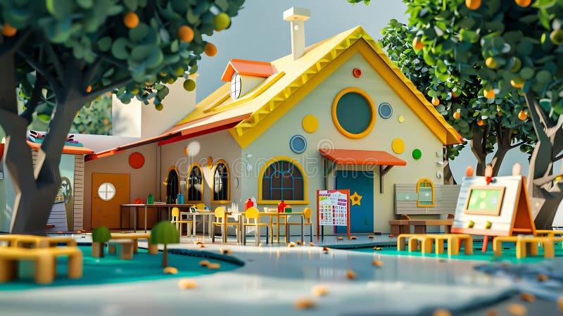 Low Poly 3D Kindergarten Building with Art and Craft Stations, Easels ...