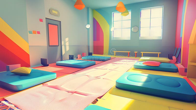 Low Poly 3D Kindergarten Building Showing a Nap Room with Small Cots ...