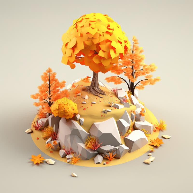 Low Poly 3d Model of an Autumn Tree on a Small Island Stock Image ...