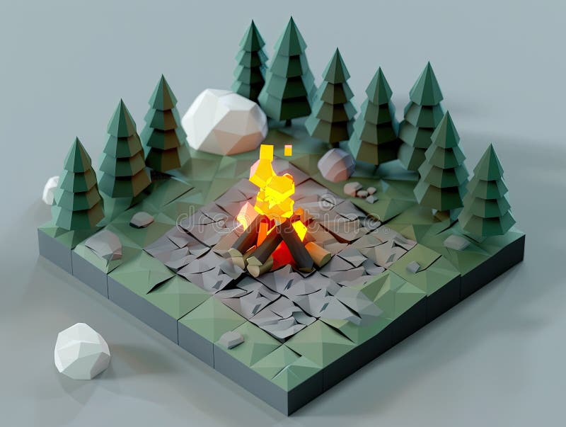 Low-poly 3D Outdoor Scene with a Bright Campfire, Surrounded by Trees ...